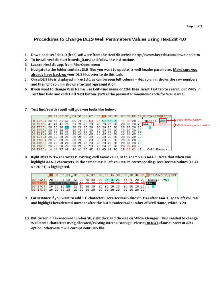 How To Change DLIS Well Parameters Values Using HexEdit 4.0 | PDF