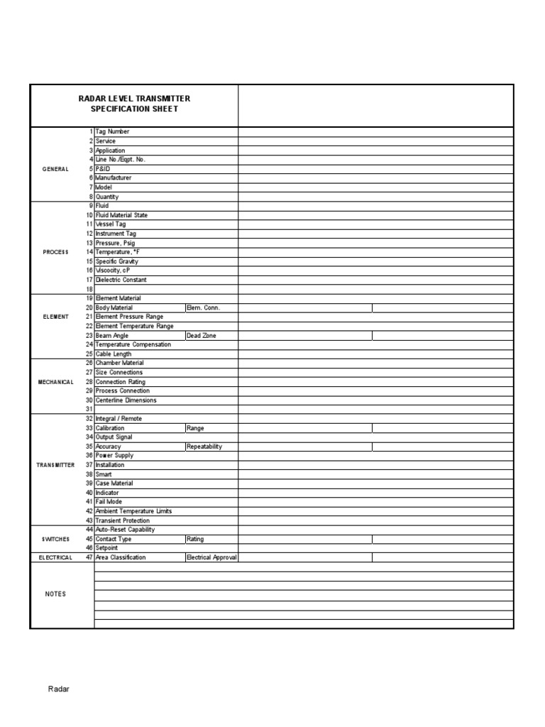 Specification Sheet Radar Level Transmitter: General | PDF