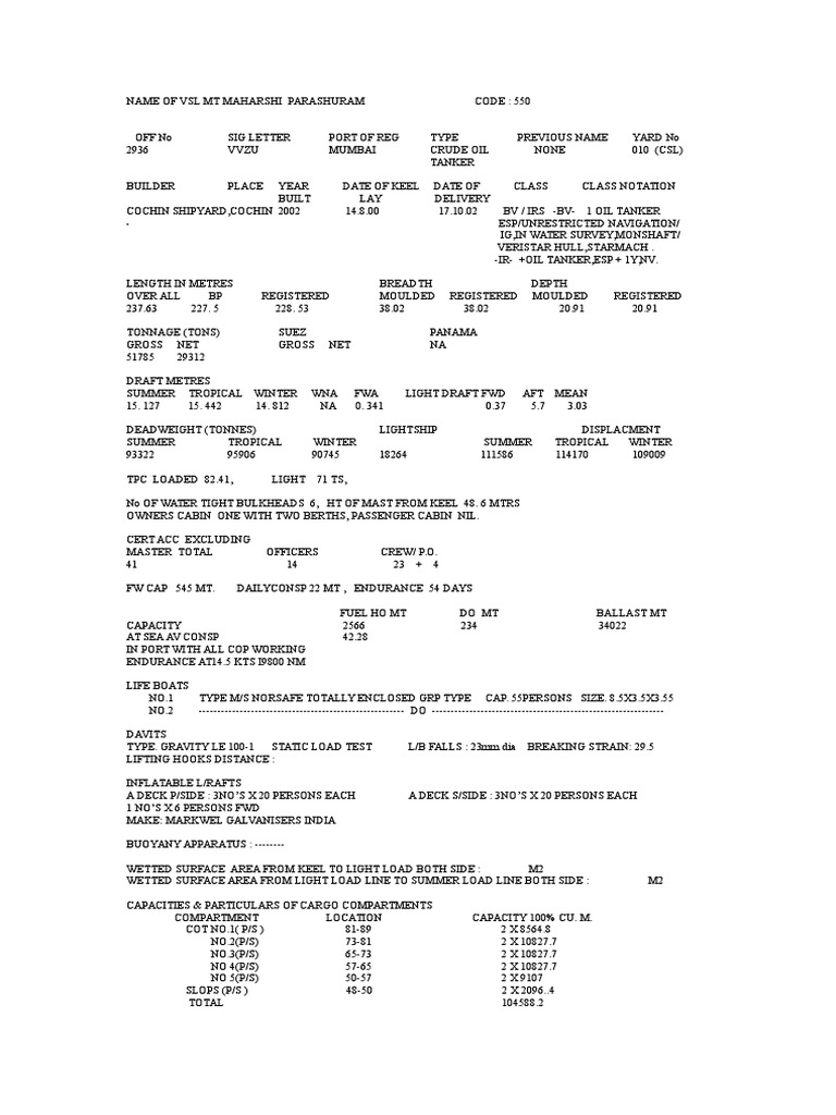 Ship Details | PDF | Oil Tanker | Tonnage