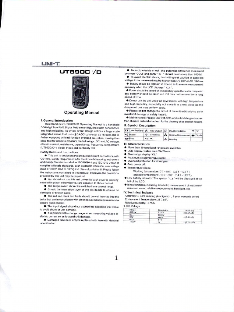 Manual Multimeter Uni-T UT890D | PDF | Physical Quantities ...