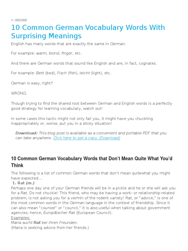 10 Common German Vocabulary Words With Surprising Meanings | PDF ...