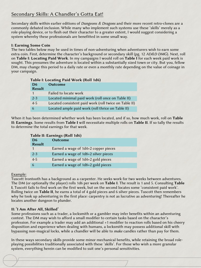 AD&D Secondary Skills | PDF | Dungeons & Dragons | Tabletop Games