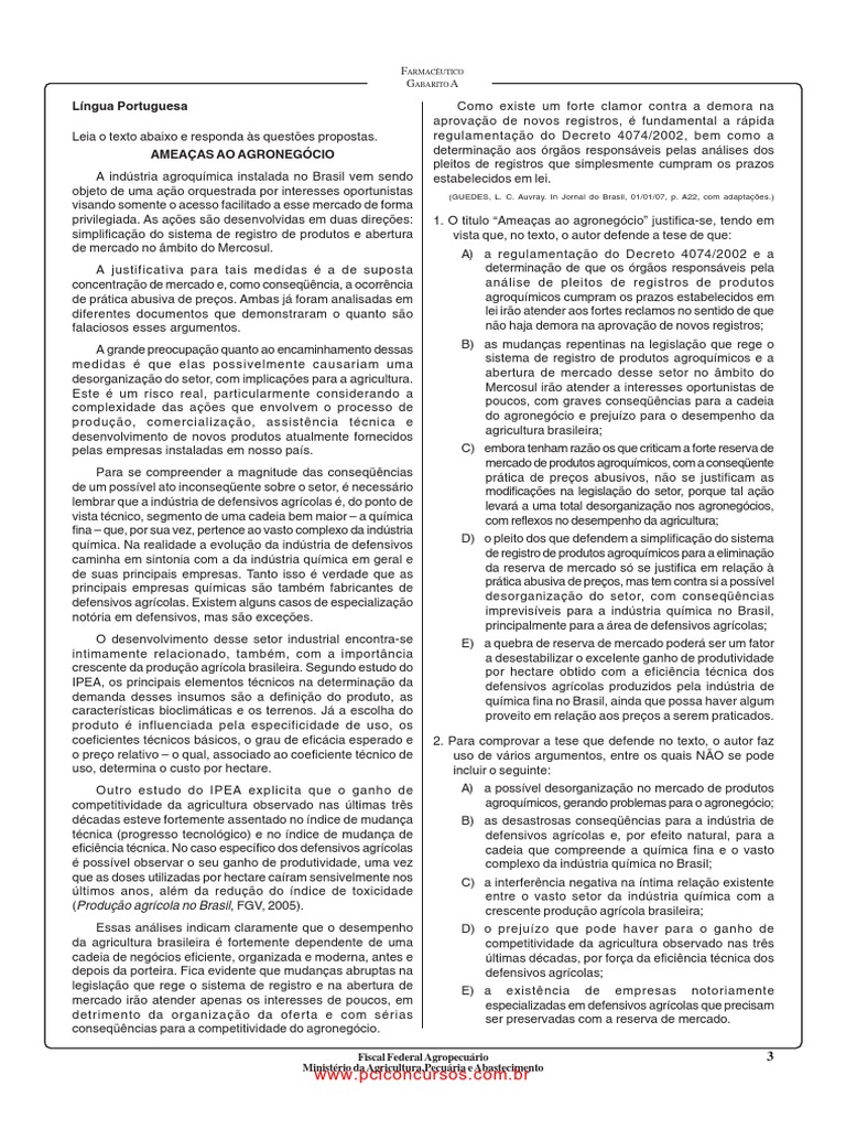 Prova - Farmaceutico Mapa 2006 | PDF | Agronegócio | Agricultura Prova - Farmaceutico Mapa 2006 | PDF | Agronegócio | Agricultura