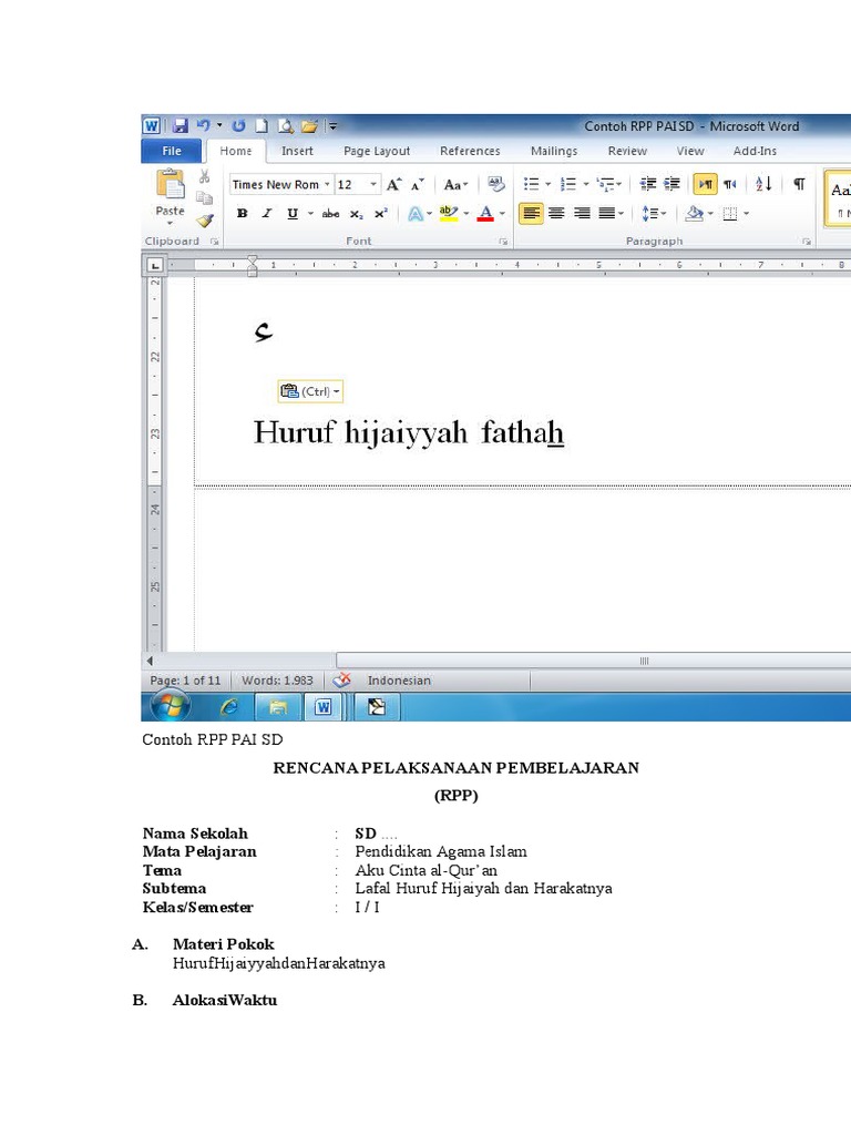 Contoh RPP PAI SD - Huruf Hijaiyah Kls 1 | PDF