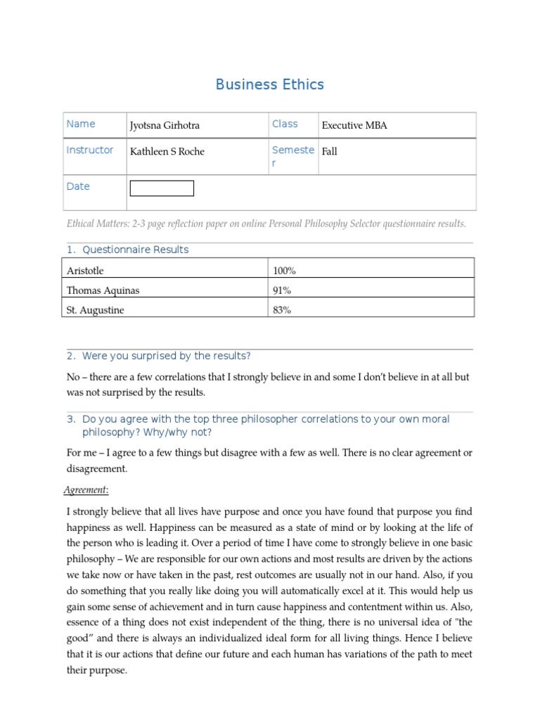 Business Ethics Reflection Paper | PDF | Happiness | Spirituality