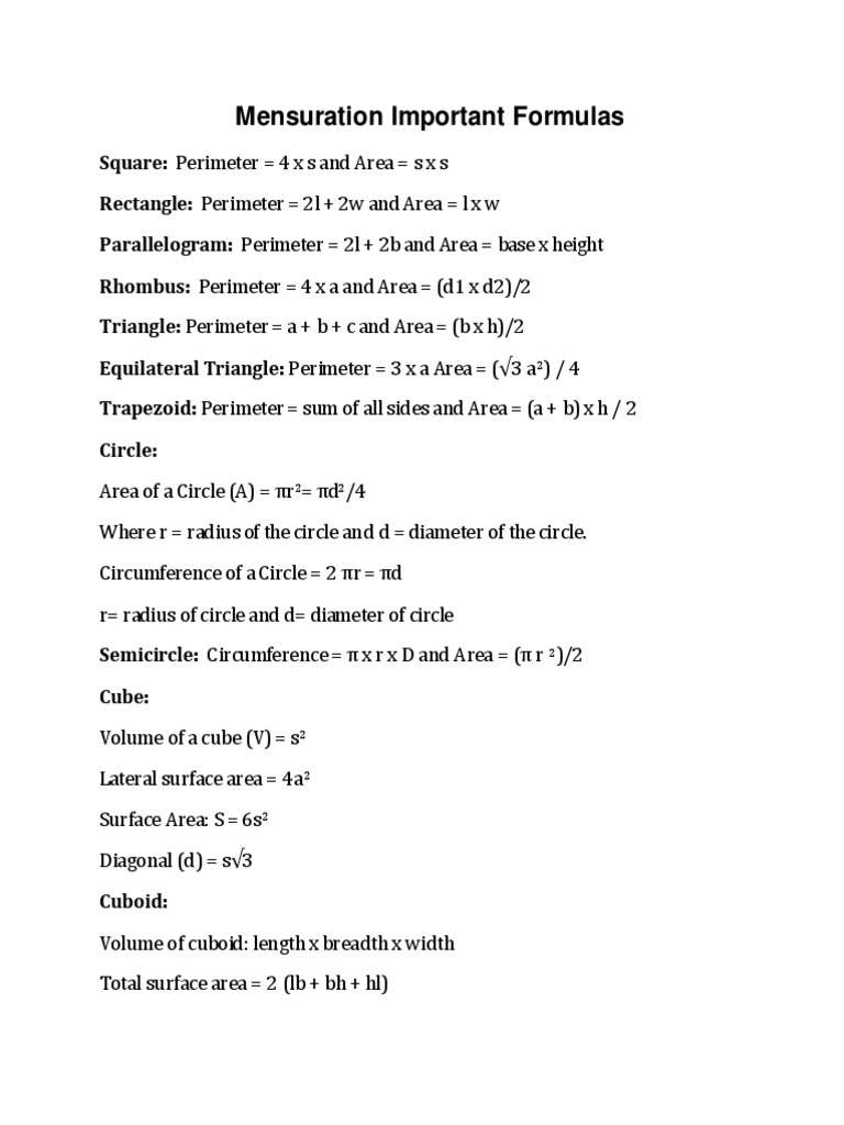Mensuration Formulas | PDF