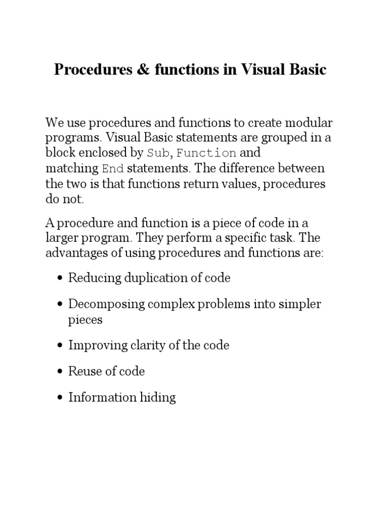 Procedures & Functions in Visual Basic | PDF