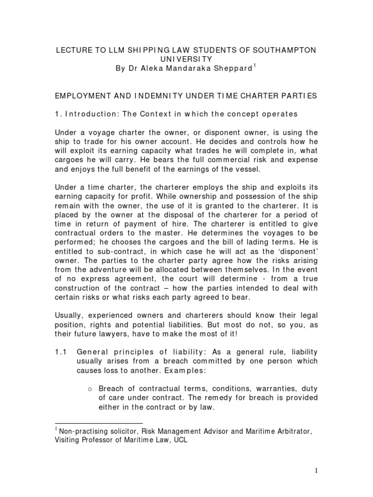 Time Charter Parties: Employment & Indemnity | PDF | Indemnity | Damages
