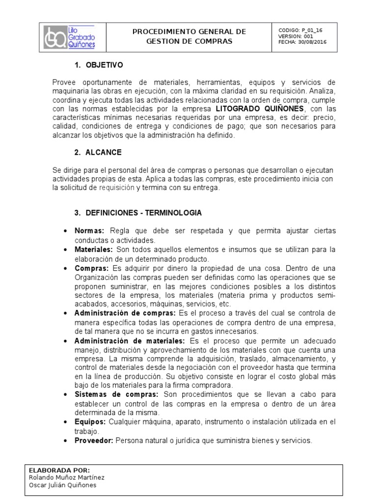 Procedimiento de Compras | PDF | Producto (Negocio) | Calidad (comercial)