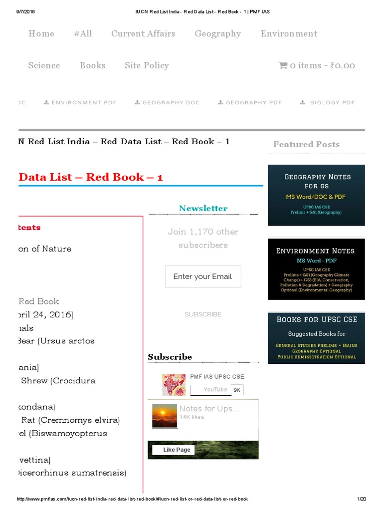 IUCN Red List India - Red Data List - Red Book - 1 - PMF IAS | PDF ...