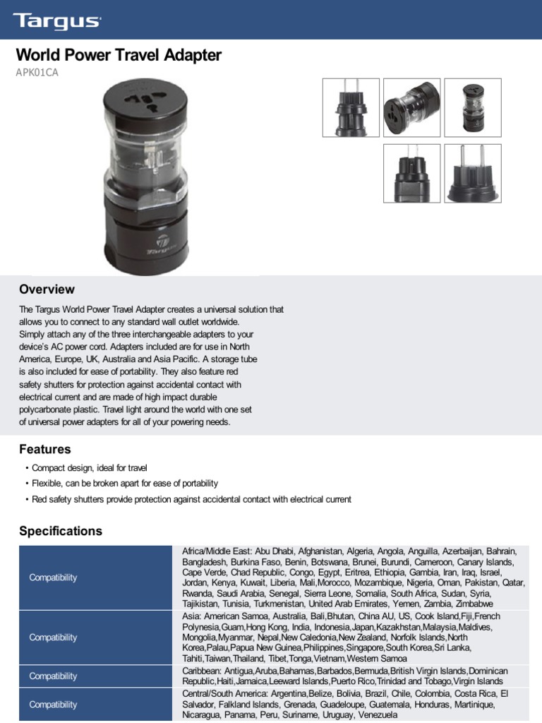 Targus World Power Travel Adapter Apk01ca | PDF | Island | United Kingdom