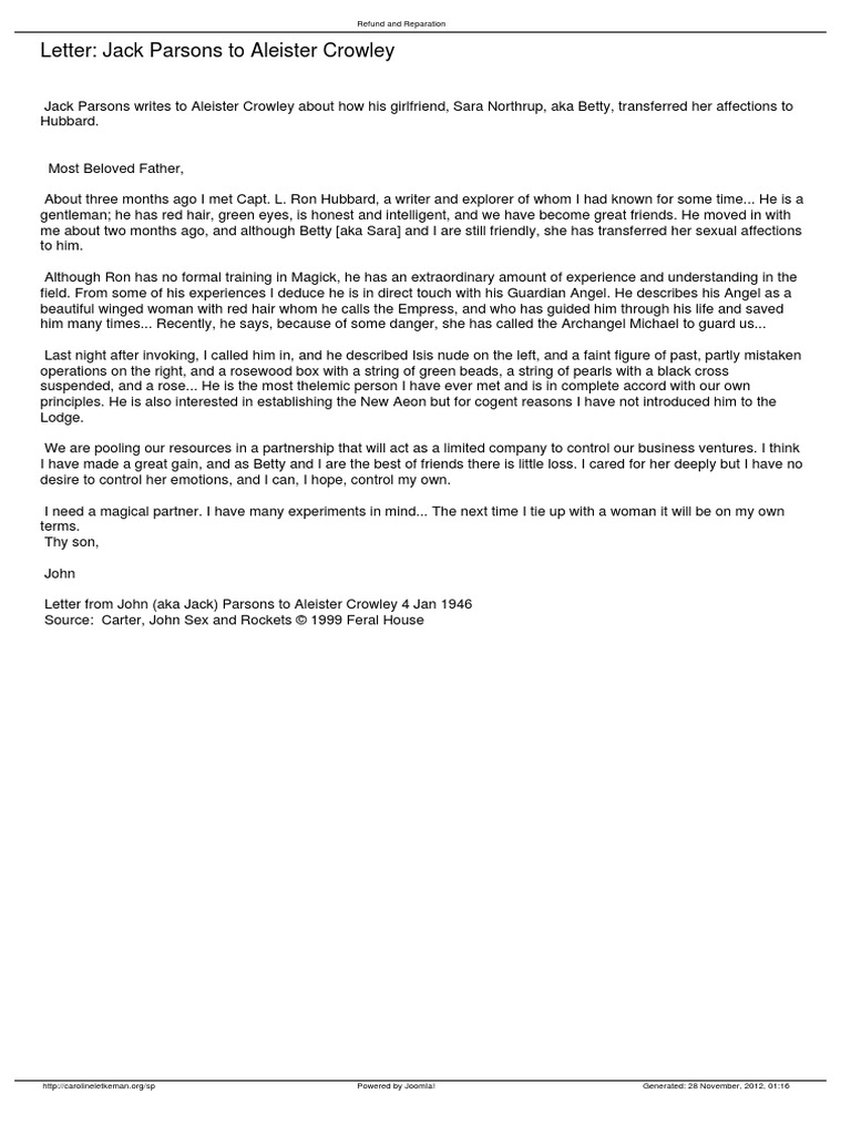 Letter: Jack Parsons To Aleister Crowley | PDF