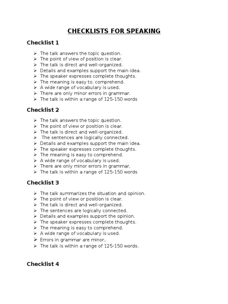 Checklists For Speaking. | PDF | Essays | Vocabulary