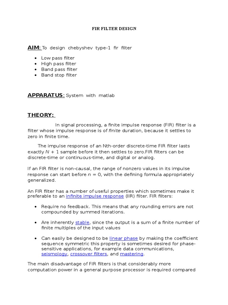 Designing and Simulating Chebyshev Type-1 FIR Filters for Various Applications Using MATLAB ...