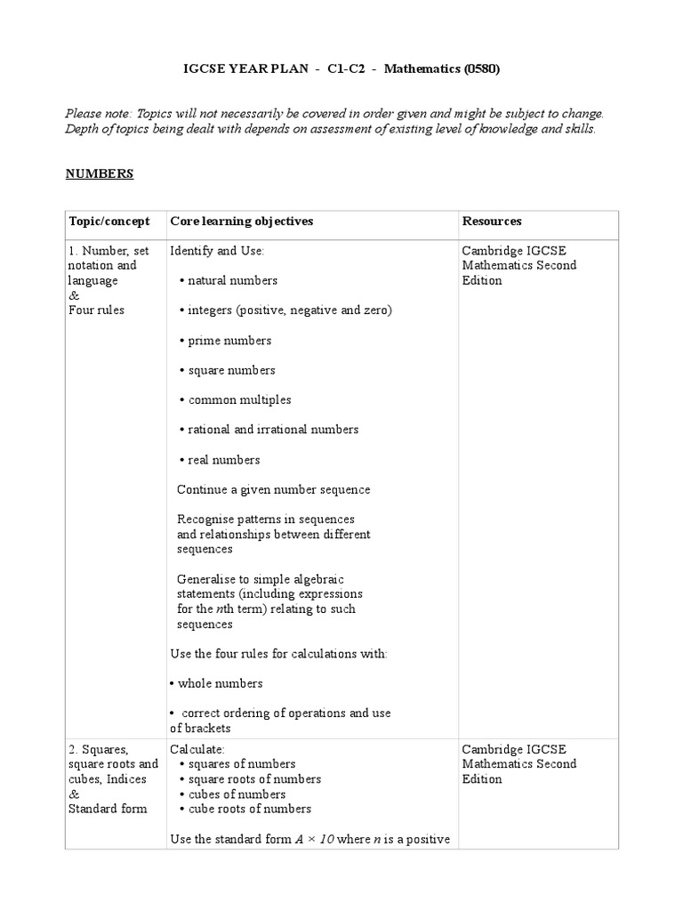 IGCSE YEAR PLAN - C1-C2 - Mathematics (0580) Please Note ... | PDF ...