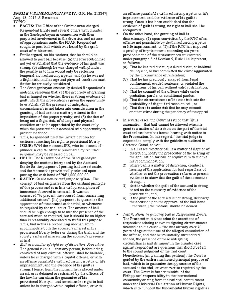 Enrile Vs Sandiganbayan | PDF | Bail | Crime & Violence Enrile Vs Sandiganbayan | PDF | Bail | Crime & Violence