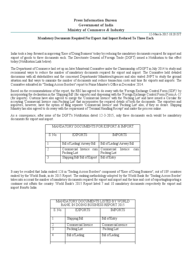 Mandatory Documents Required For Export and Import Reduced To Three ...