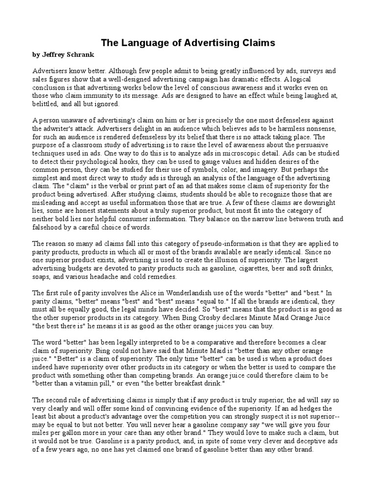 The Language of Advertising Claims: by Jeffrey Schrank | PDF ...