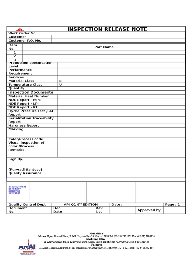 Inspection Release Note | PDF