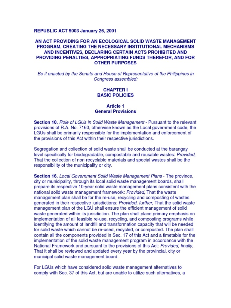 LGUs' Role in RA 9003 Waste Management | PDF | Waste Management | Recycling