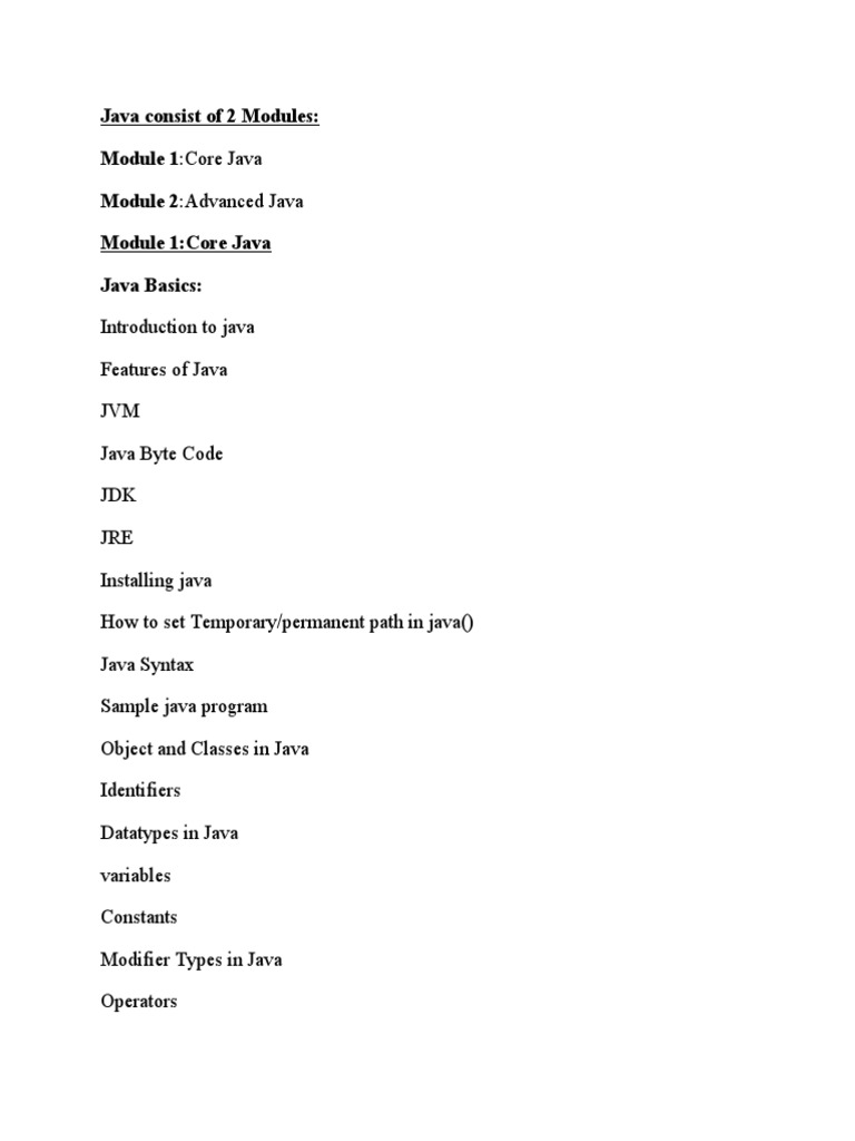 Java Consist of 2 Modules: Module 1 Module 2 Module 1:core Java Java Basics | PDF | Java Server ...