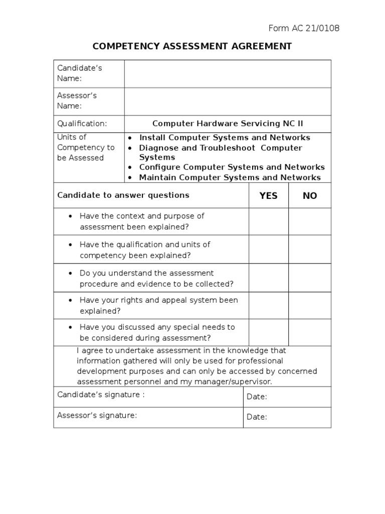 Computer Hardware Servicing NC II Competency Assessment Agreement for ...