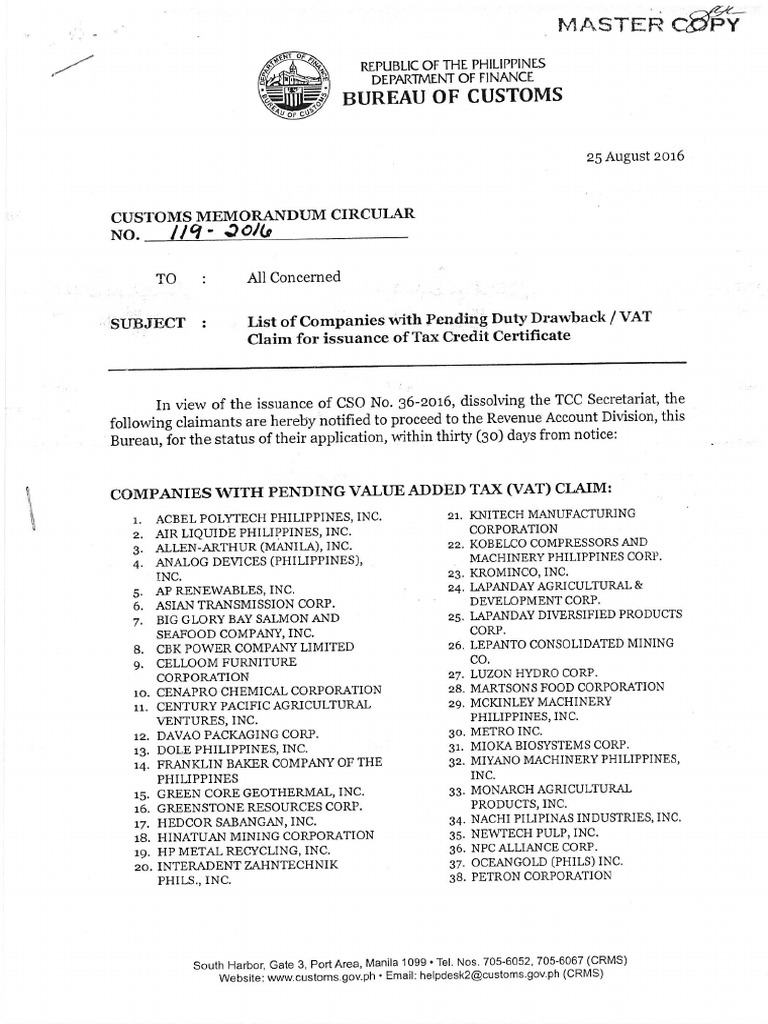 Bureau Of Customs Memorandum Circular 119 2016 Companies With Pending