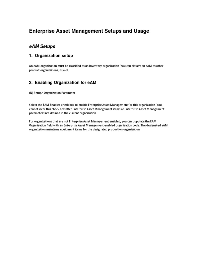 eAM Setup & Usage Guide | PDF | Asset Management | Inventory