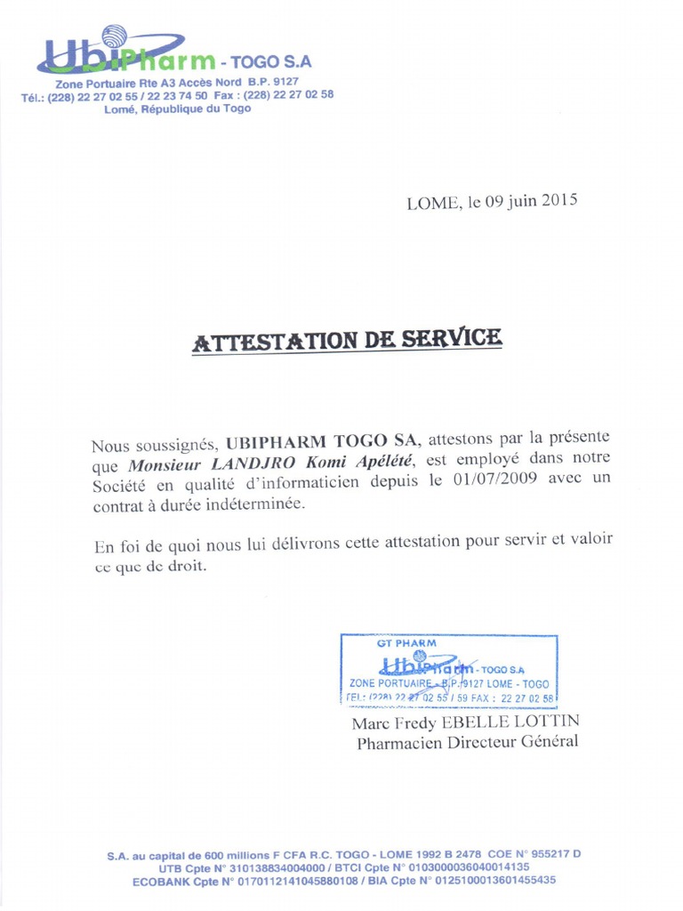 Attestation de Service PDF | PDF