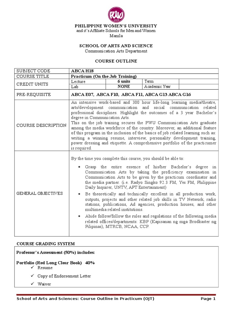 Course Outline in Practicum (OJT) | PDF | Academia | Communication