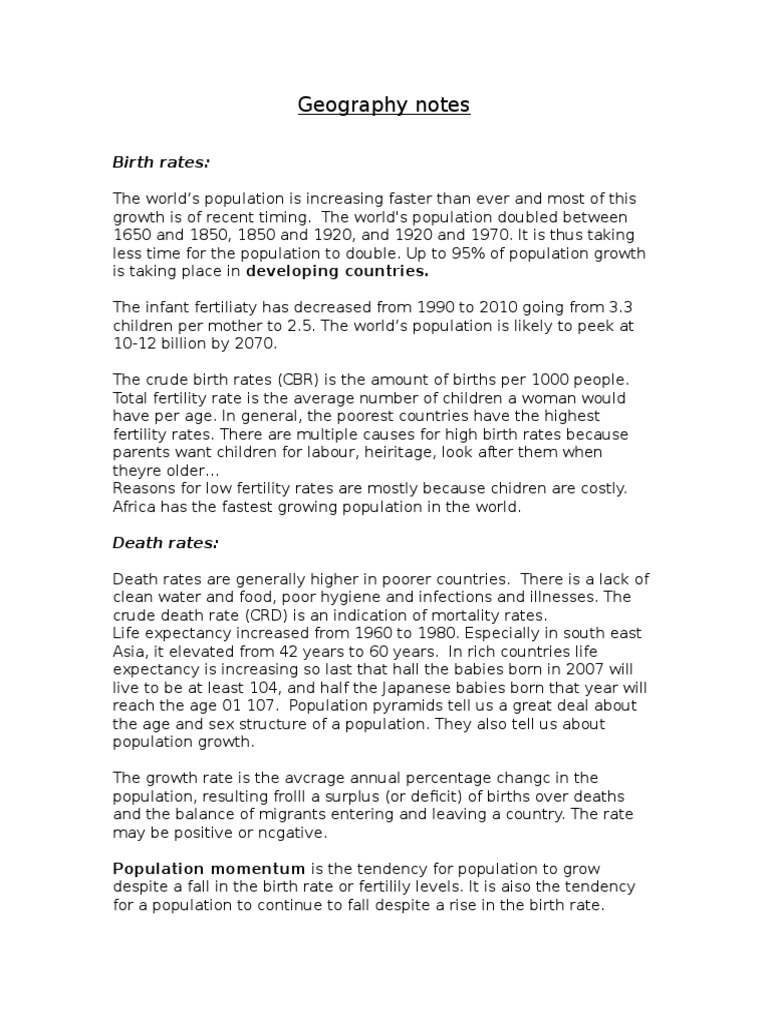 Geography Notes: Birth Rates | PDF | Migrant Worker | Human Migration