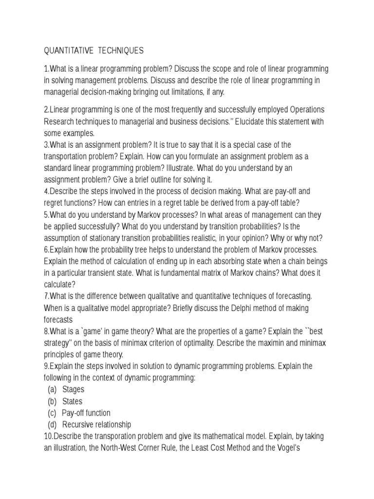 Quantitative Techniques Questions | PDF | Markov Chain | Mathematical ...