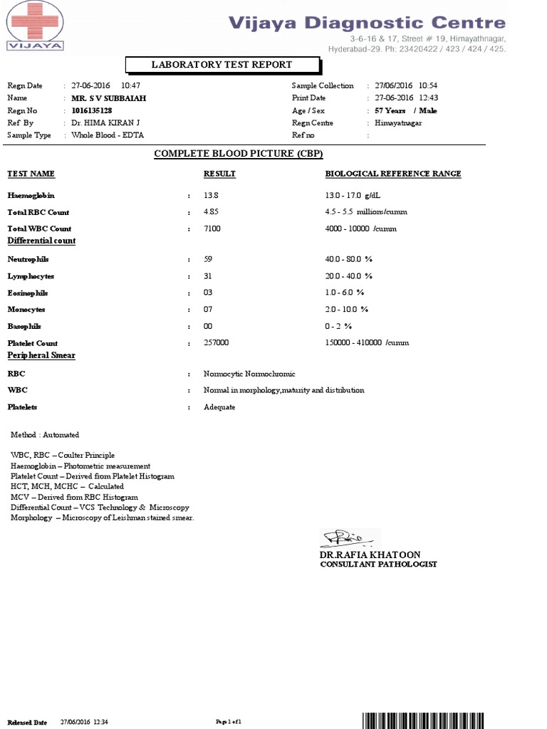 Laboratory Test Report: Male 57 Years | PDF | White Blood Cell | Pathology