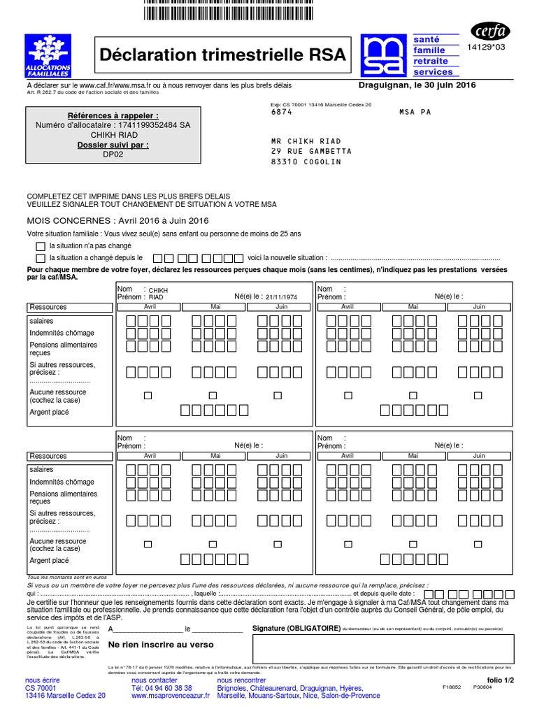 Cerfa Déclaration Trimestrielle Rsa – RTSRCJ