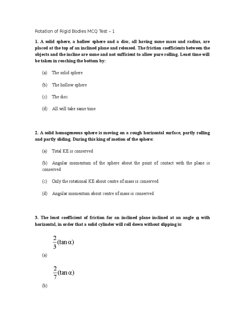 Rigid Body Rotation MCQ Test 1 | PDF | Motion (Physics) | Spacetime