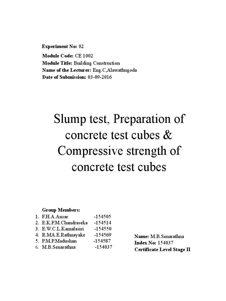 Slump Test, Preparation of Concrete Test Cubes & Compressive Strength ...