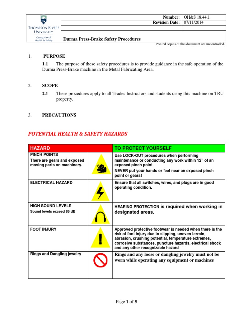 Durma Press-Brake Safety Procedures | PDF | Personal Protective ...