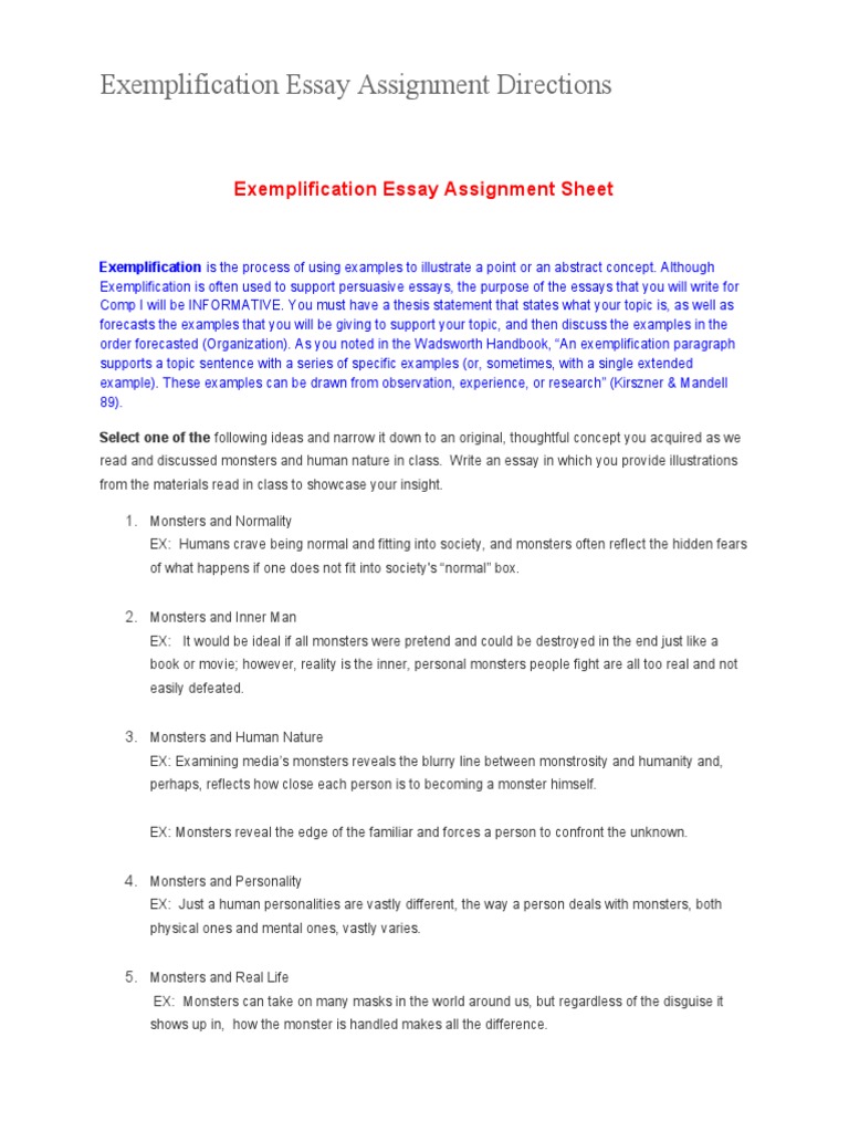 Exemplification Essay Assignment Directions | PDF | Essays | Thesis