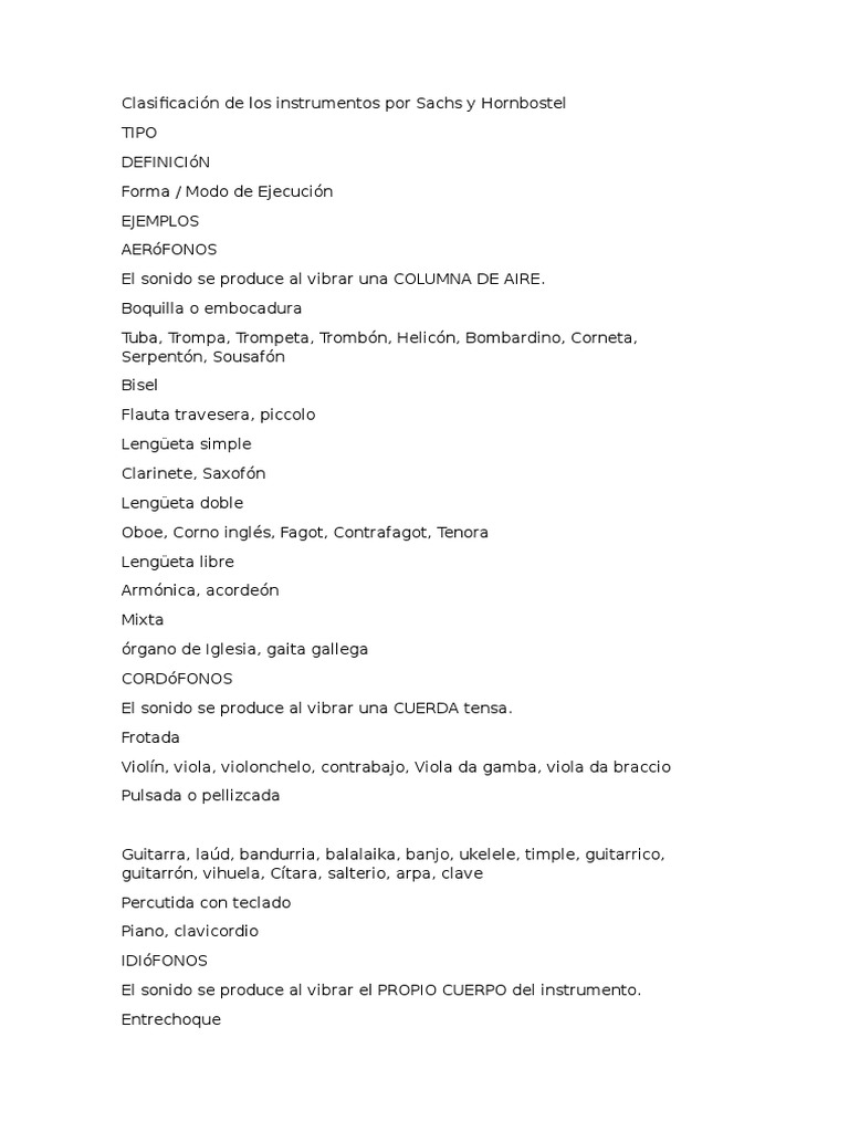 Clasificación de Los Instrumentos Por Sachs y Hornbostel | PDF ...
