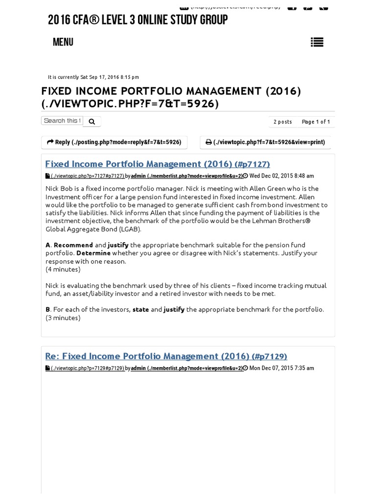 2016 CFA® Level 3 Online Study Group: Fixed Income Portfolio Management ...