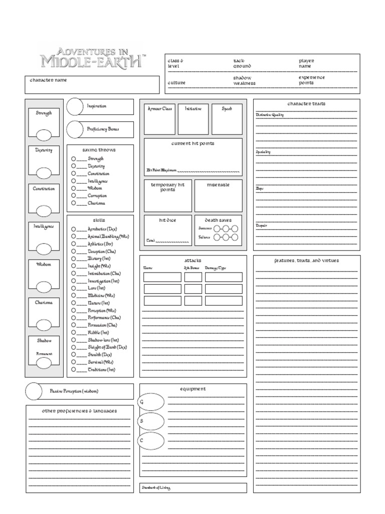Adventures in Middle-Earth Character Sheet | Leisure Activities | Role ...