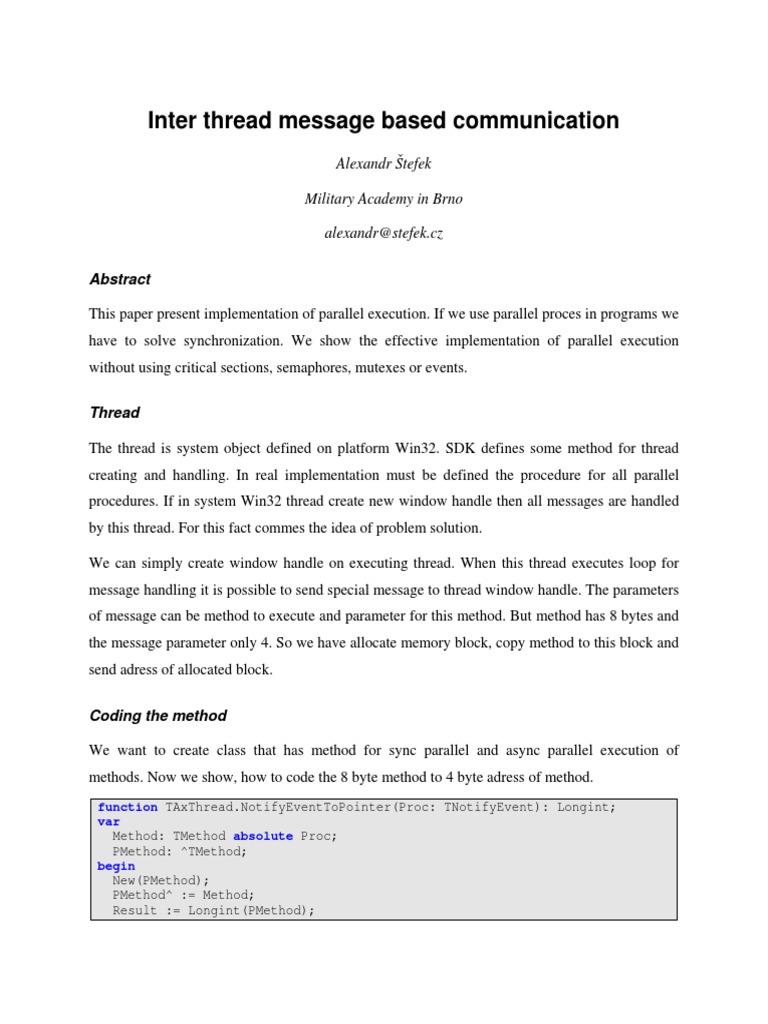 Inter Thread Message Based Communication: Alexandr Štefek Military Academy in Brno Alexandr ...