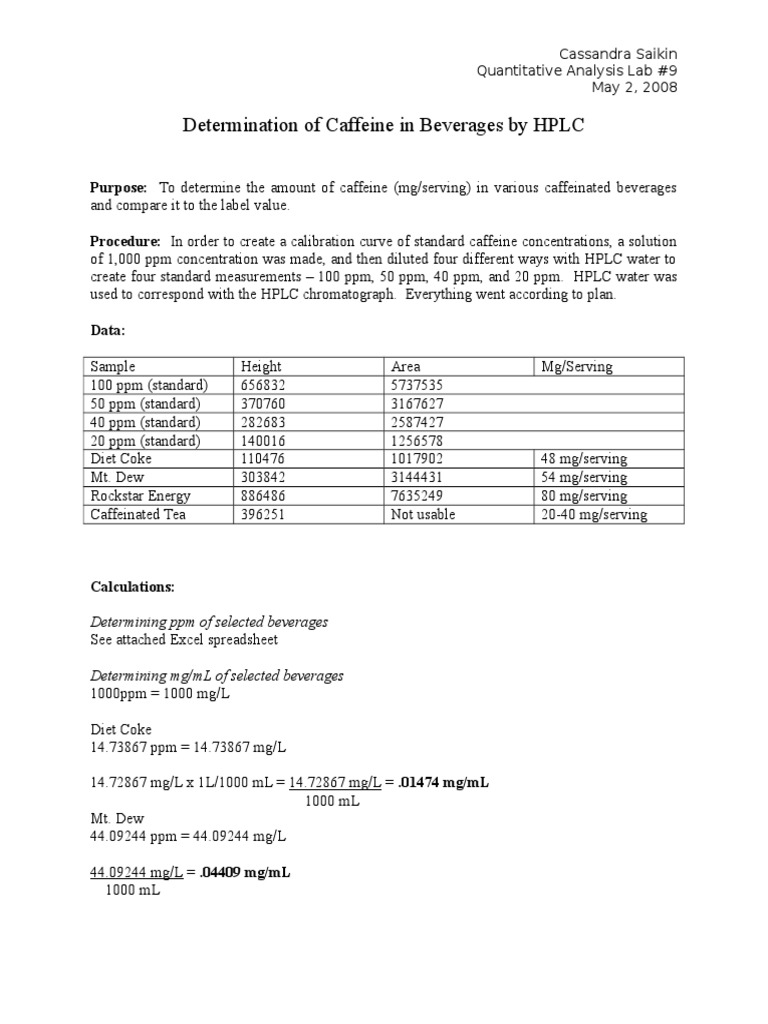 Determination of Caffeine in Beverages by HPLC | Caffeine | Parts Per ...