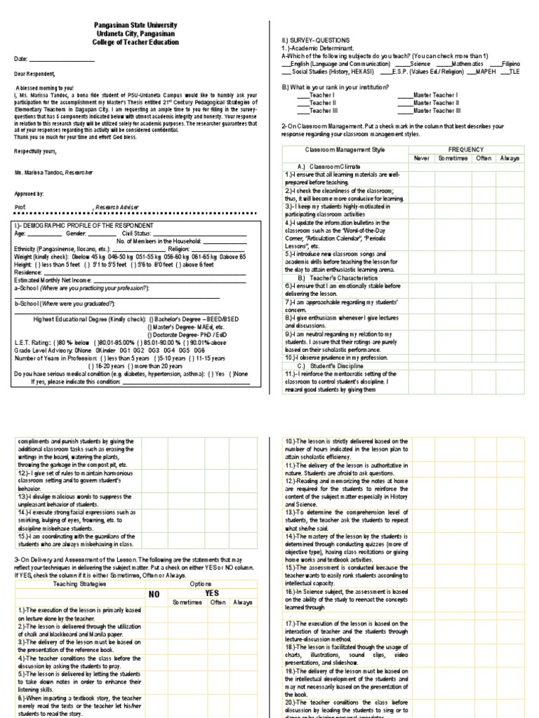 Survey Questionnaire | PDF | Reading Comprehension | Teachers