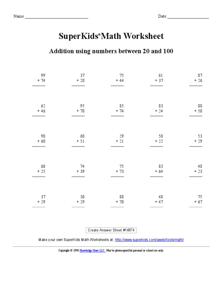 Superkids Math Worksheet: Addition Using Numbers Between 20 and 100 ...
