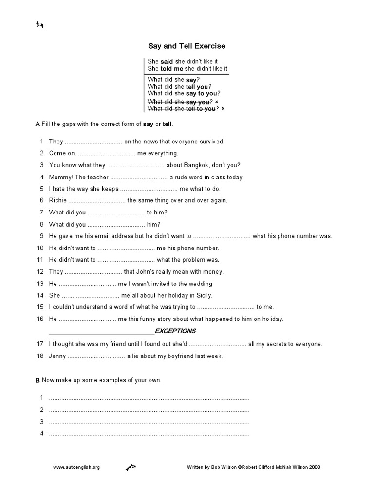 Say and Tell Exercise: Written by Bob Wilson ©robert Clifford Mcnair ...