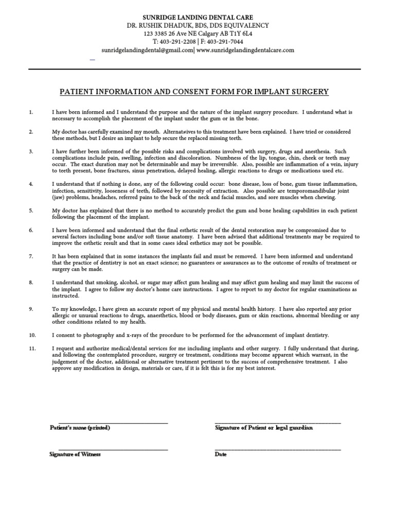 Implant Consent Form | PDF | Dental Implant | Surgery