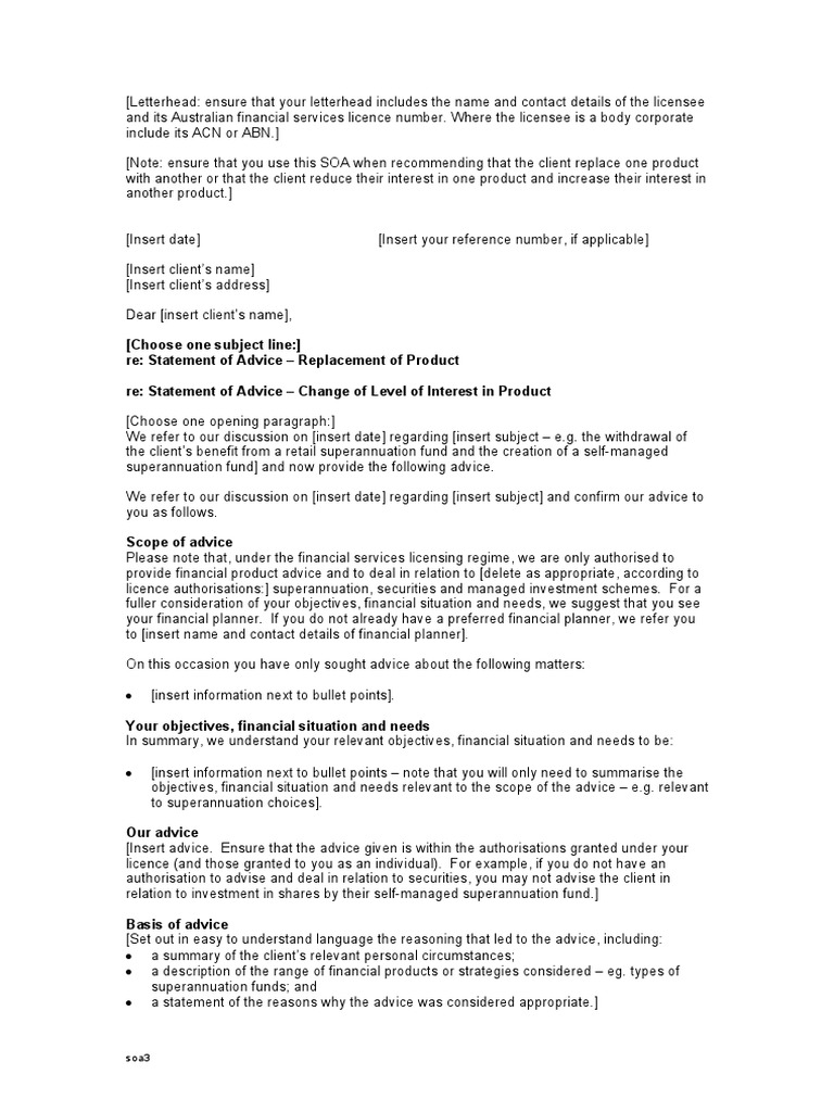 Statement of Advice Template To Replace or Reduce Interest in A Product ...