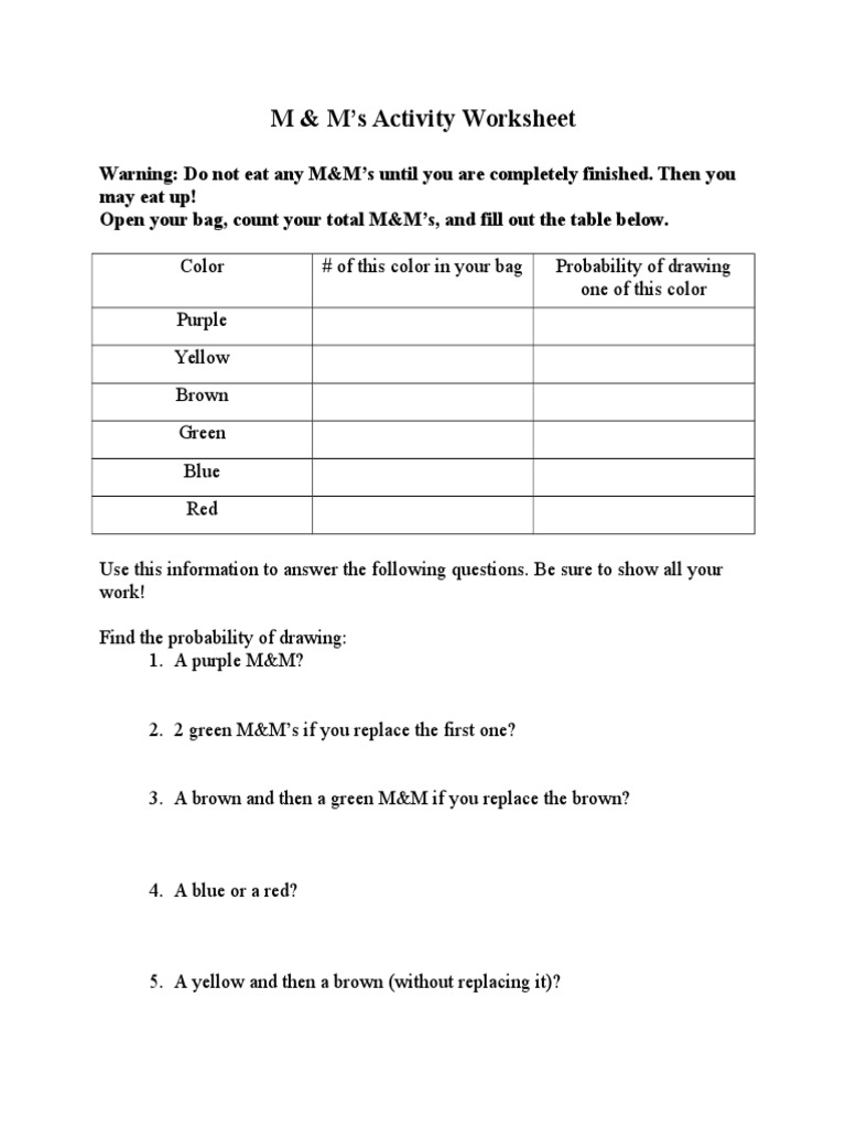 M&M Probability Activity Worksheet | PDF