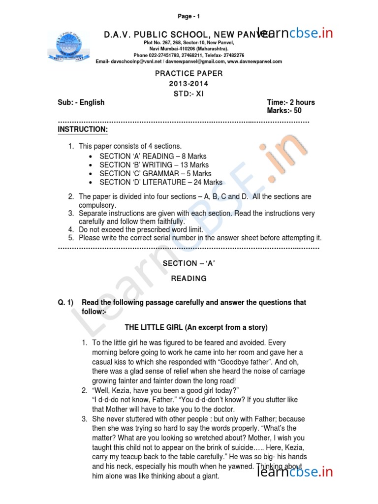 Cbse Class 11 English Sample Paper 2014 1 | PDF | Poetry